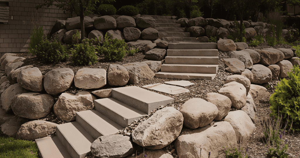 Tiered Stone Retaining Walls with Concrete Steps | Professional ...